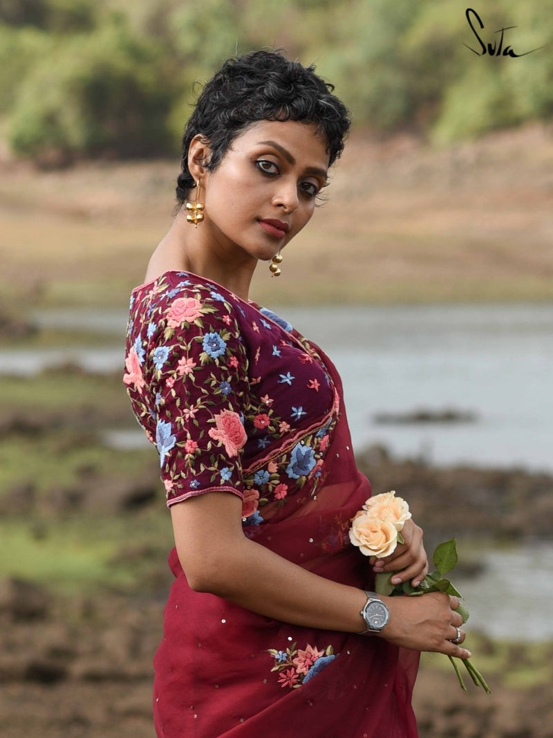 Silk Organza Maroon Designer Blouse|Charade Of Stars|Suta
