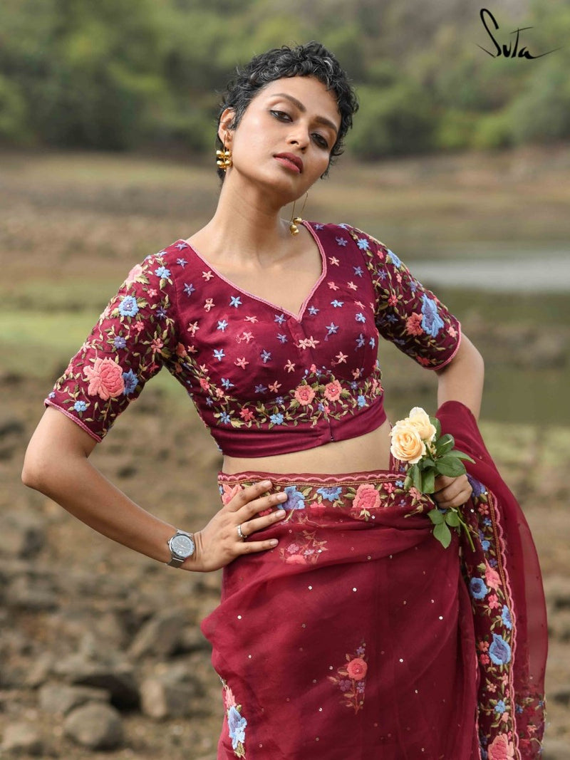Silk Organza Maroon Designer Blouse|Charade Of Stars|Suta