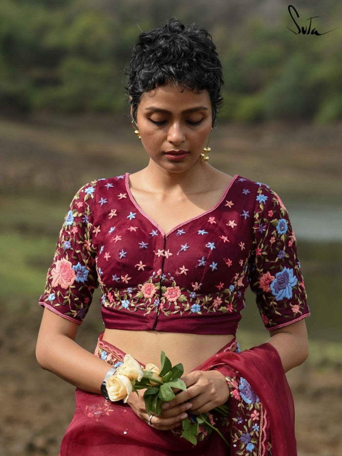 Silk Organza Maroon Designer Blouse|Charade Of Stars|Suta