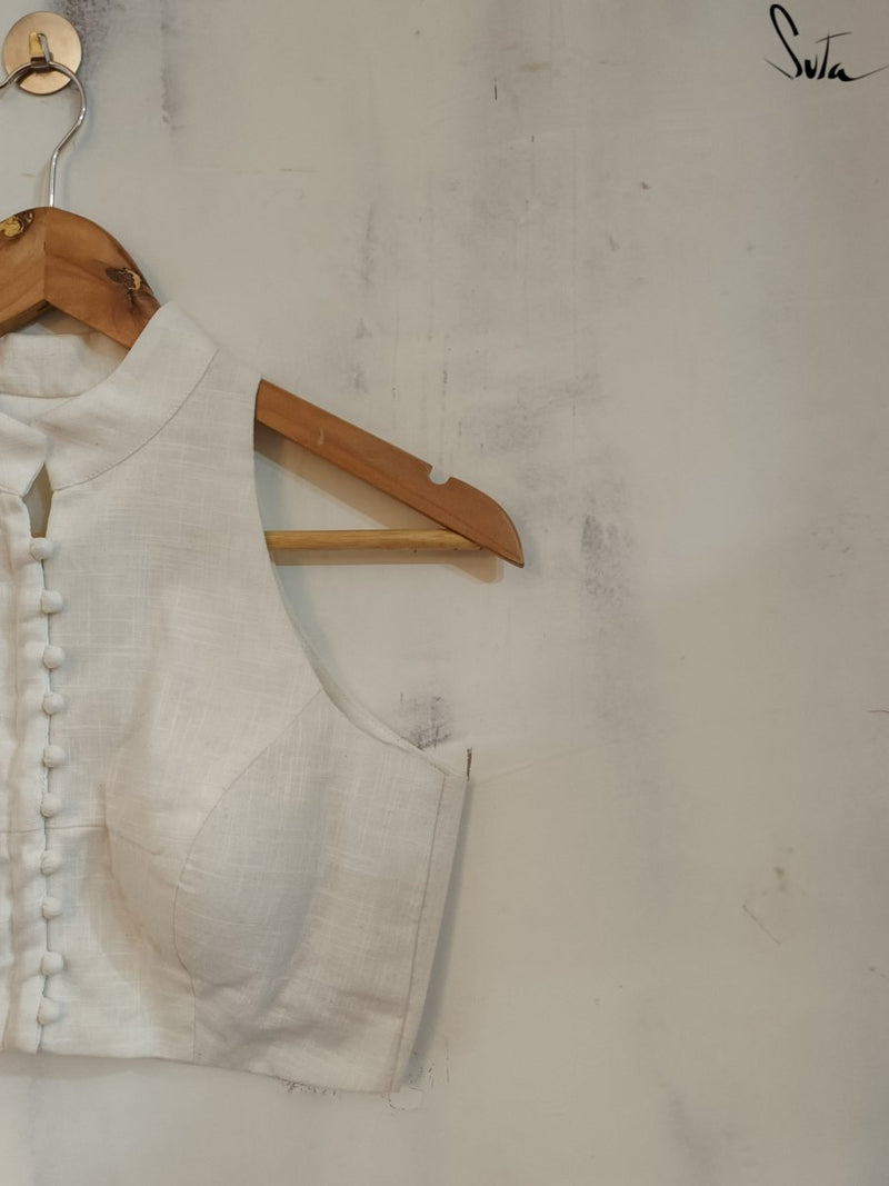 Cotton White Sleeveless Blouse With High Neck|Code White|Suta