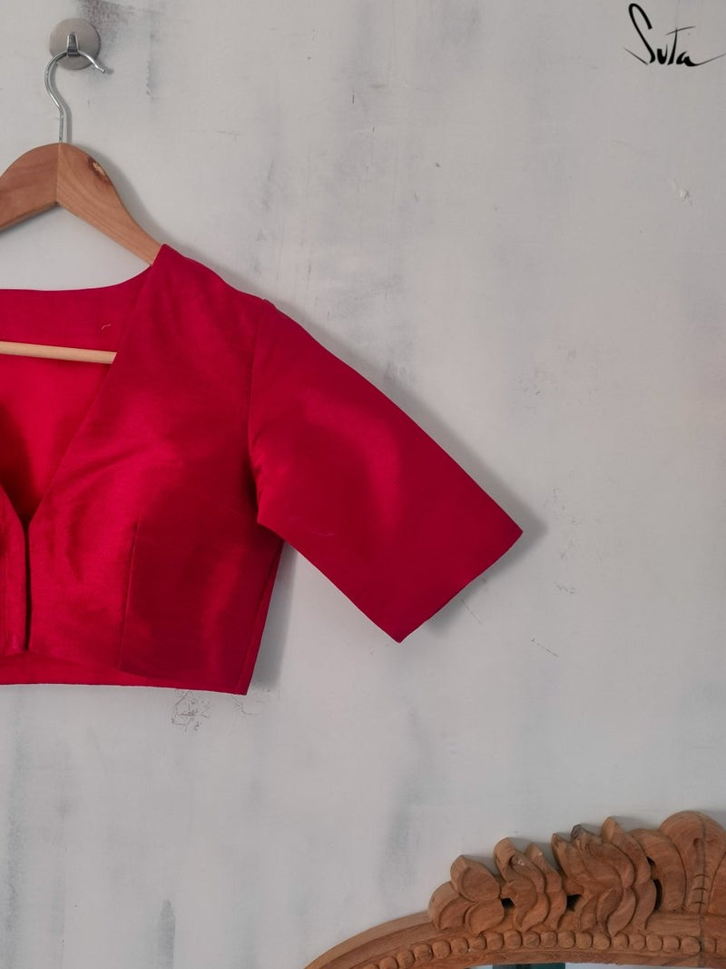 Silk Padded Red Blouse With V Neck|Crimson Cranberry|Suta