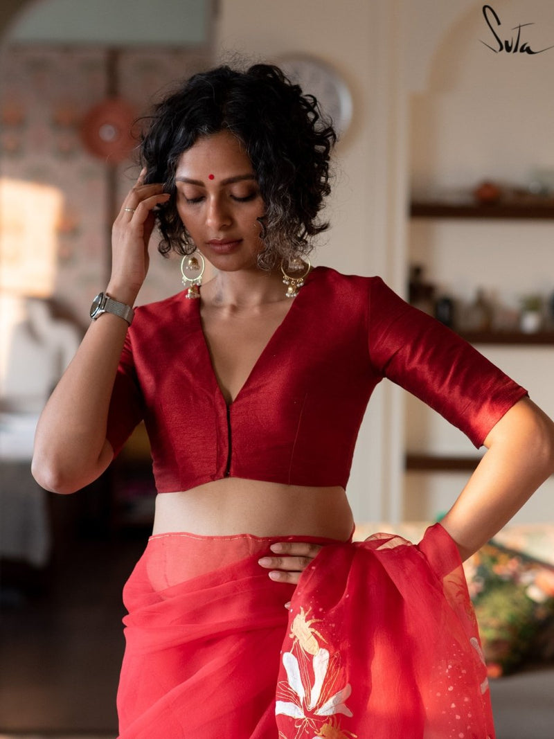 Silk Padded Red Blouse With V Neck|Crimson Cranberry|Suta