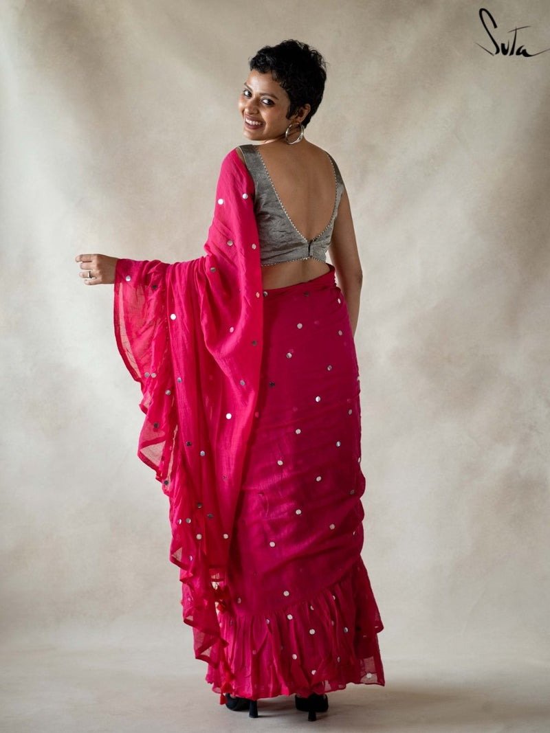Pink Mulmul Cotton Ruffle Saree|Dancing Hibiscus Nights|Suta