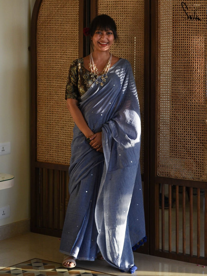 Mul Cotton Blue Saree With Sequins|Deep Blue Sea Chumki|Suta