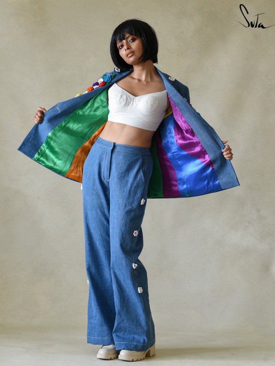 Blue Denim Pant Suit Set|Denim Blooms|Suta