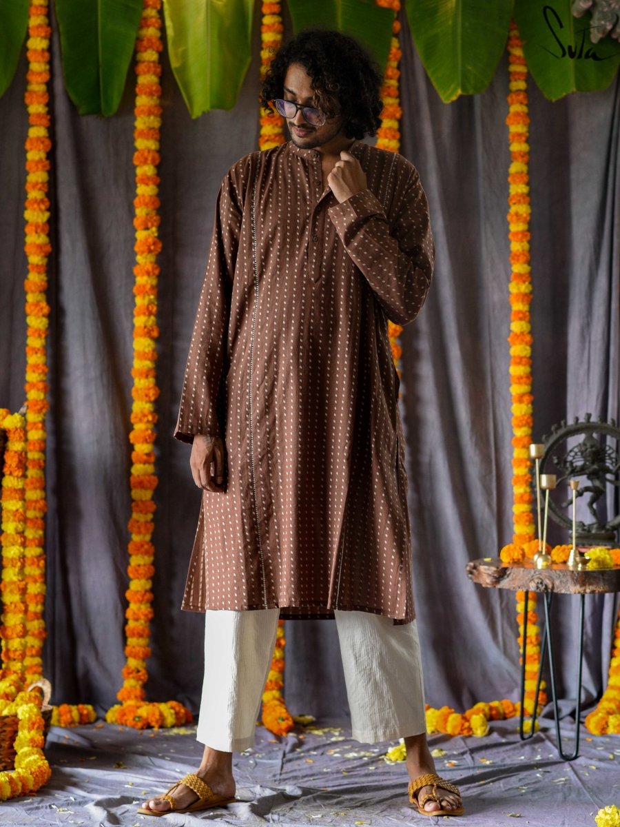 Full Sleeve Cotton Brown Kurta For Men|Dodha Barfi|Suta