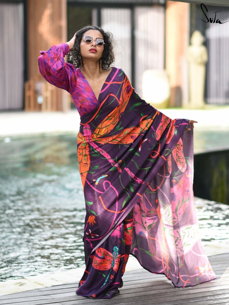 Modal Unique Printed Multicolor Saree|Deagonfly WIngs|Suta