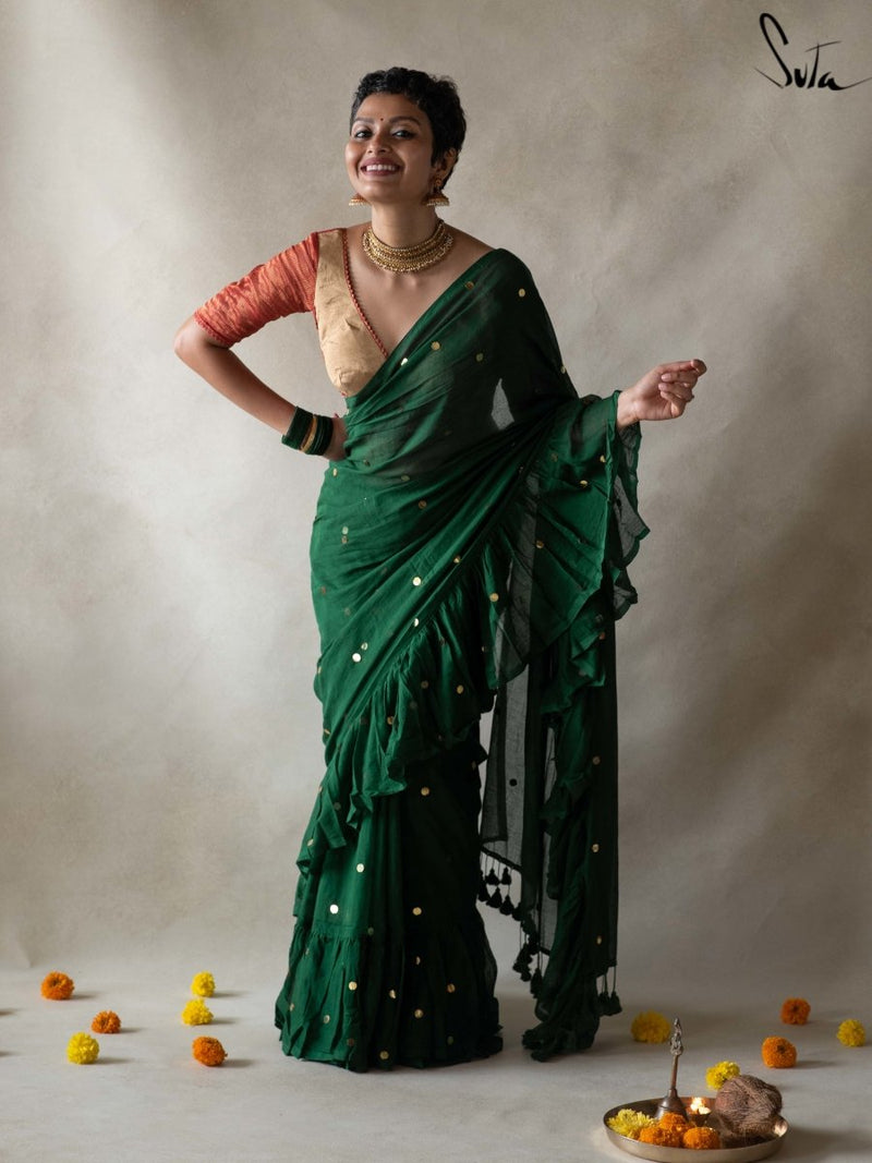 Mulmul Cotton Sequin Green Ruffle Saree|Eat Pray Love|Suta