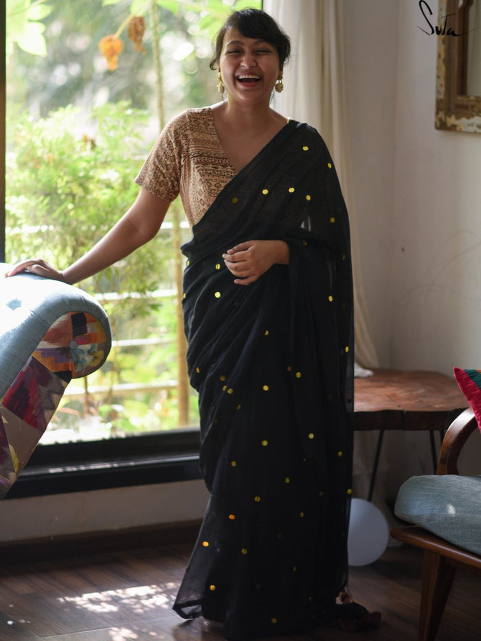 Mulmul Cotton Black Saree With Sequins|Eclipse Star|Suta