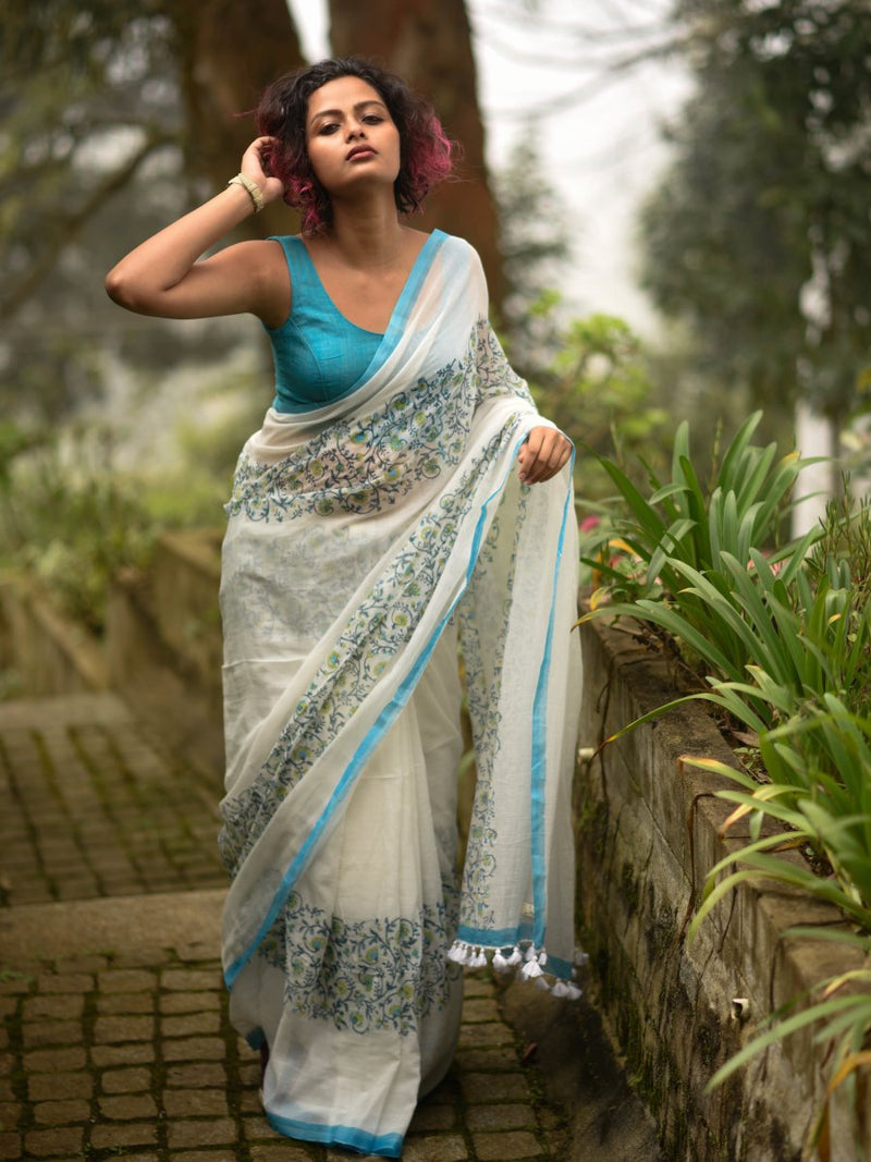 Mulmul Cotton Printed Floral Design White Saree|Elsa|Suta
