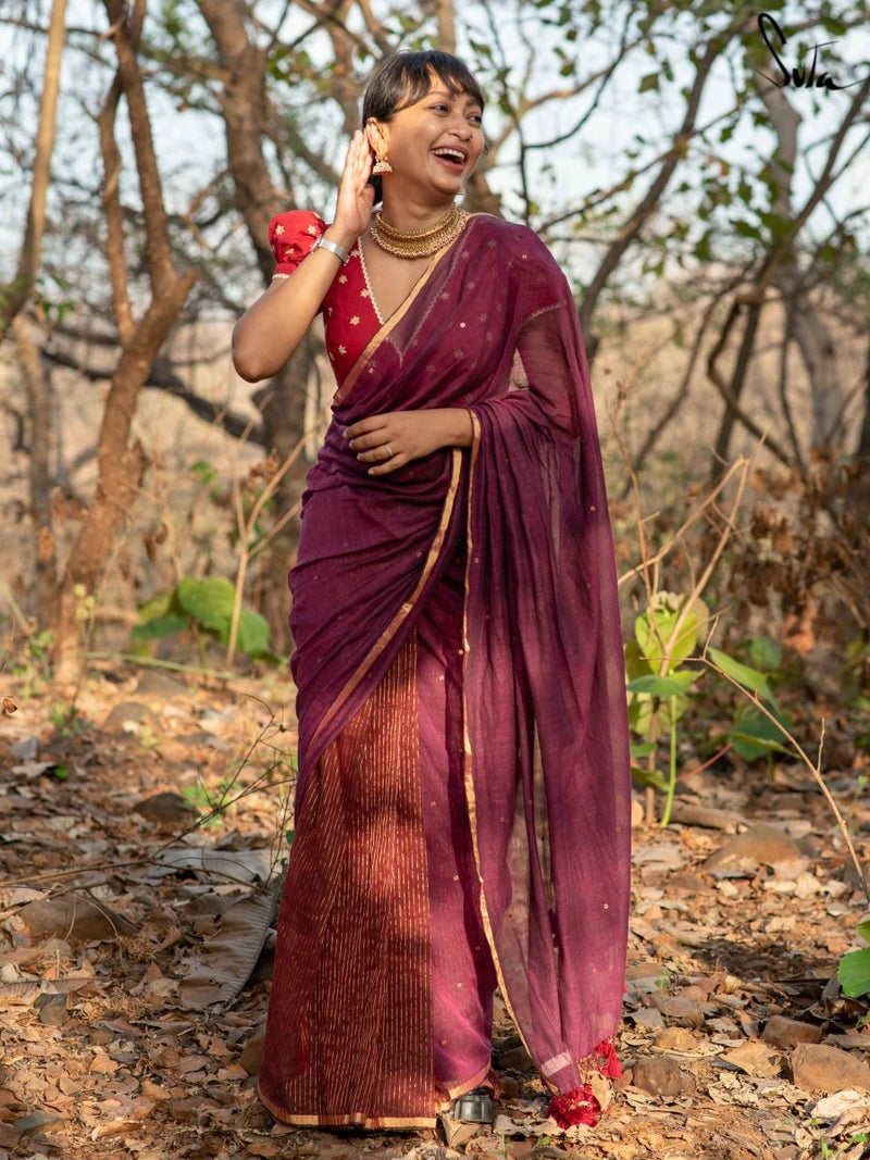 Cotton Maroon Saree With Sequins|Eternal Evening Swara|Suta