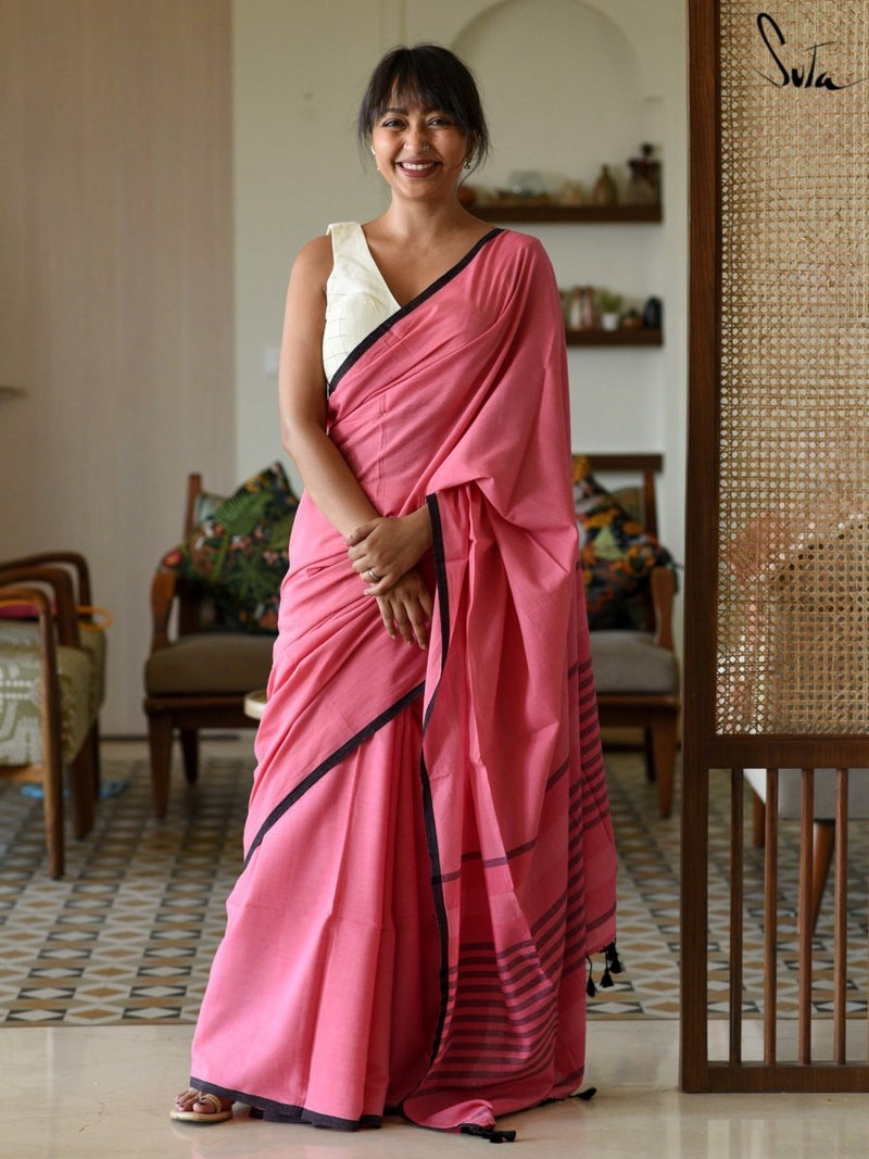 Cotton Simple Saree In Pink With Tassels|Gulabi Chidiya|Suta