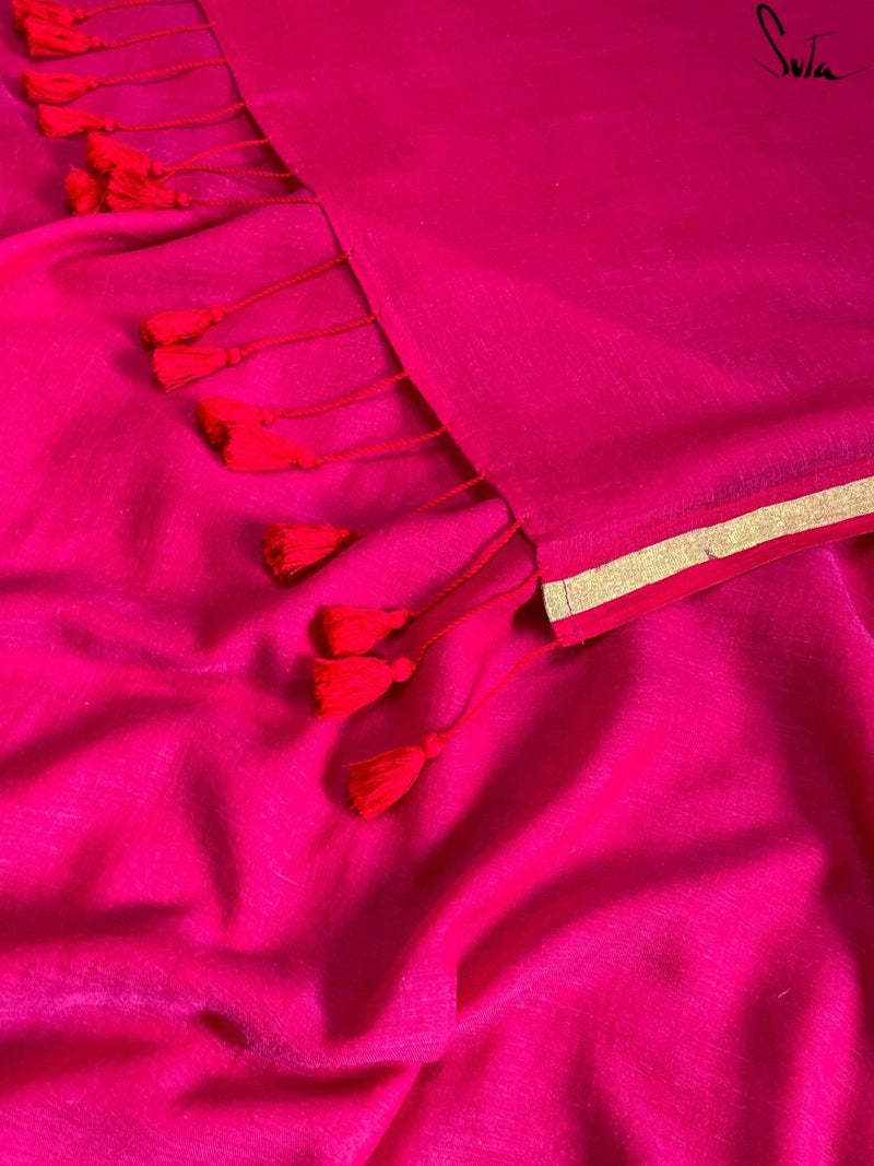 Pink Mulmul Cotton Soft Saree With Zari|Haryali Chhaya|Suta