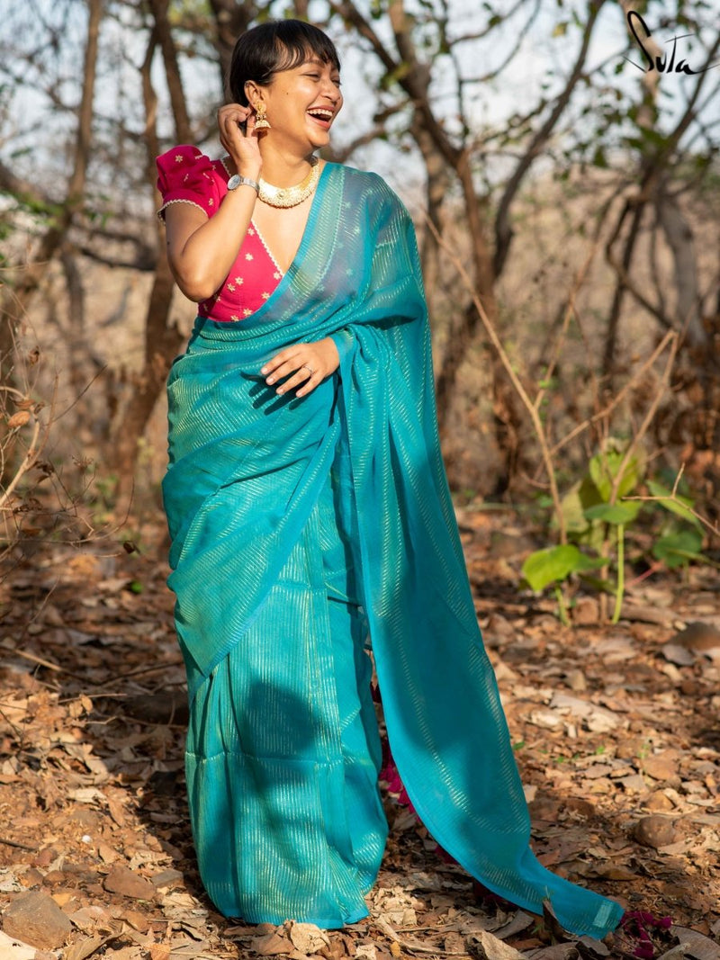 Blue and Green Cotton Zari Saree|Hopeful Sitara|Suta – suta