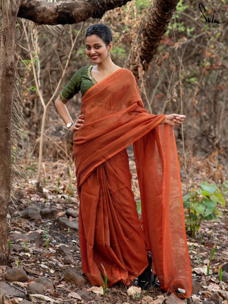 Orange Cotton Zari Saree|Hungry Sitara|Suta – suta
