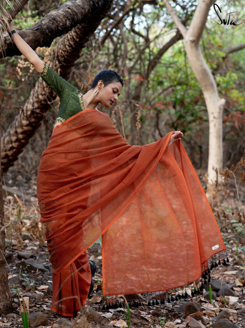 Orange Cotton Zari Saree|Hungry Sitara|Suta – suta