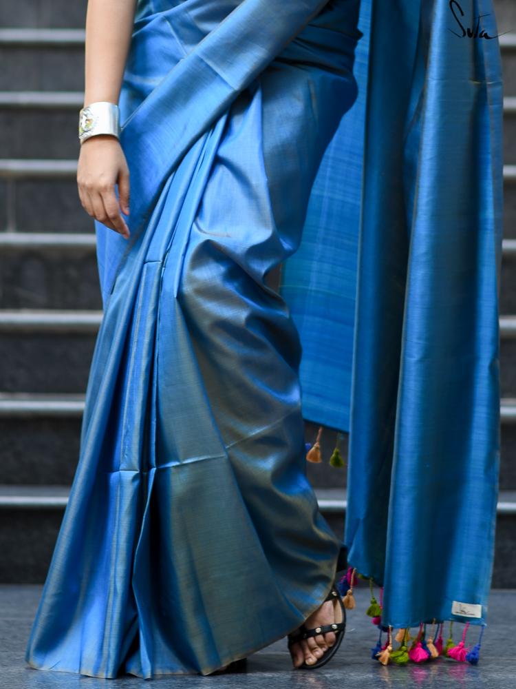 Soft Handloom Silk Blue Dhoop Chaon Saree|I Am You|Suta – suta