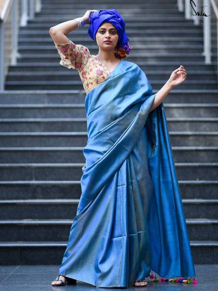 Soft Handloom Silk Blue Dhoop Chaon Saree|I Am You|Suta – suta