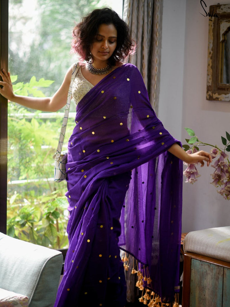 Mulmul Cotton Purple Saree With Sequins|Inked Star|Suta
