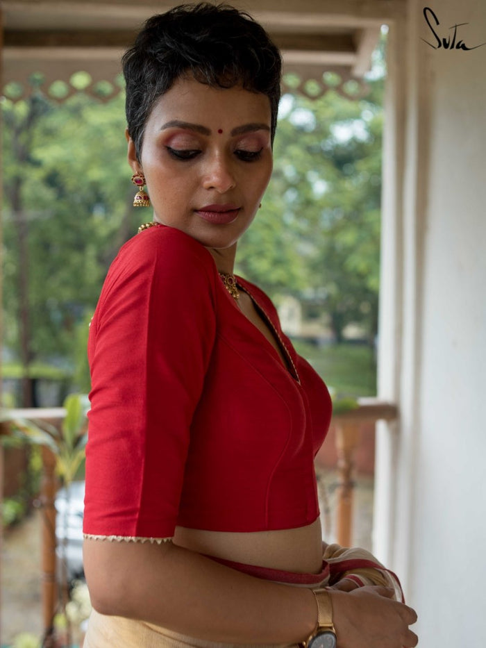Red Art Silk V Neck Padded Blouse|Jamanthi|Suta