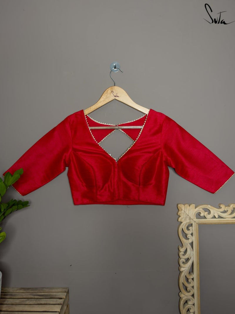 Red Art Silk V Neck Padded Blouse|Jamanthi|Suta