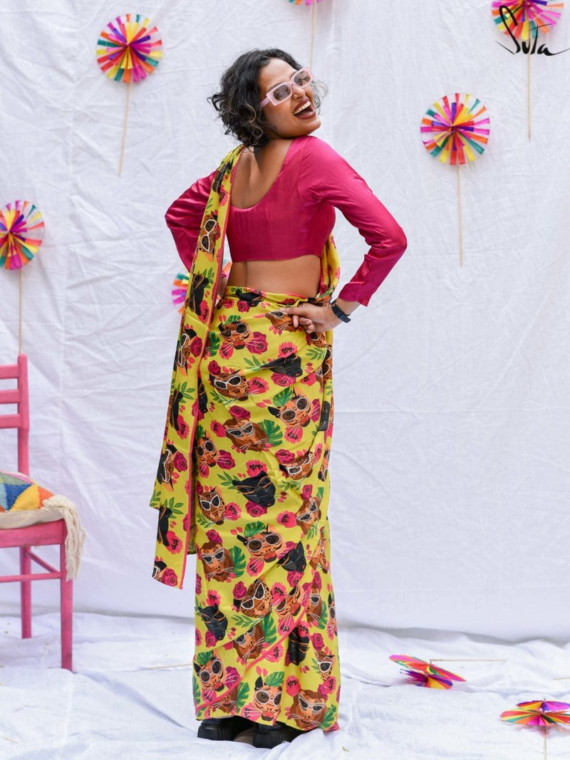 Modal Viscose Printed Fancy Saree In Yellow|Junglee Billi|Suta