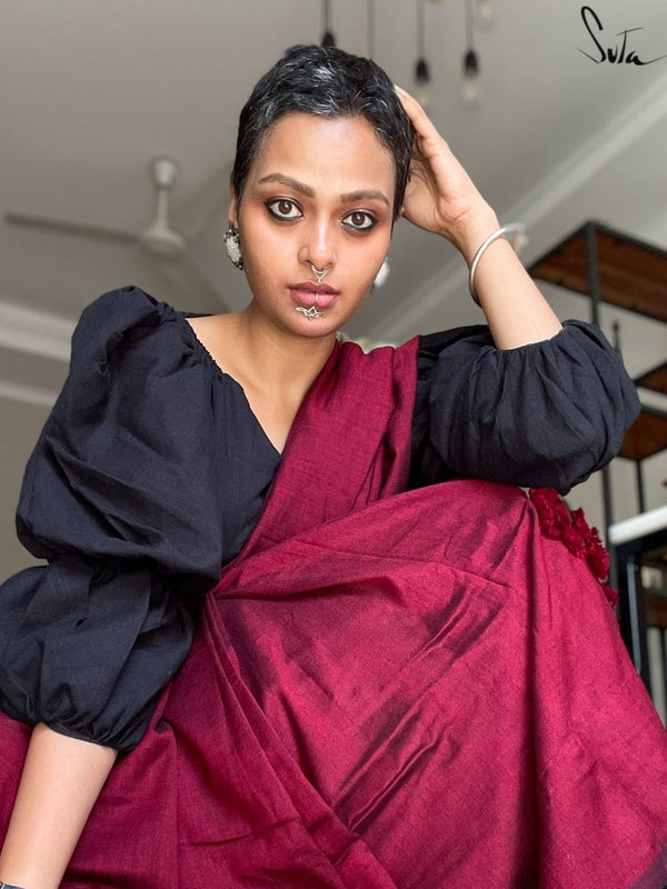 Cotton V Neck Puff Sleeve Blouse In Black|Koyla|Suta