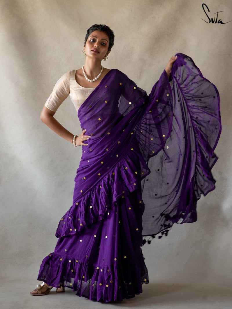 Purple Mulmul Cotton Ruffle Saree|Macarons For Lunch|Suta – suta