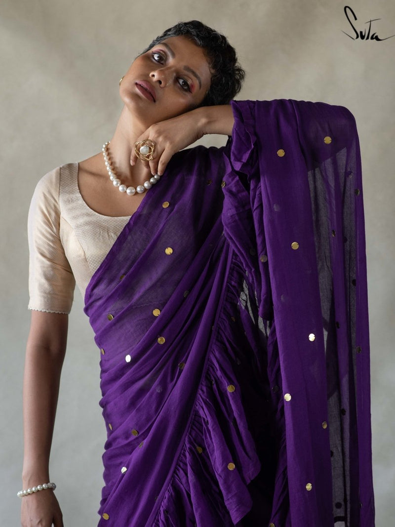 Purple Mulmul Cotton Ruffle Saree|Macarons For Lunch|Suta – suta