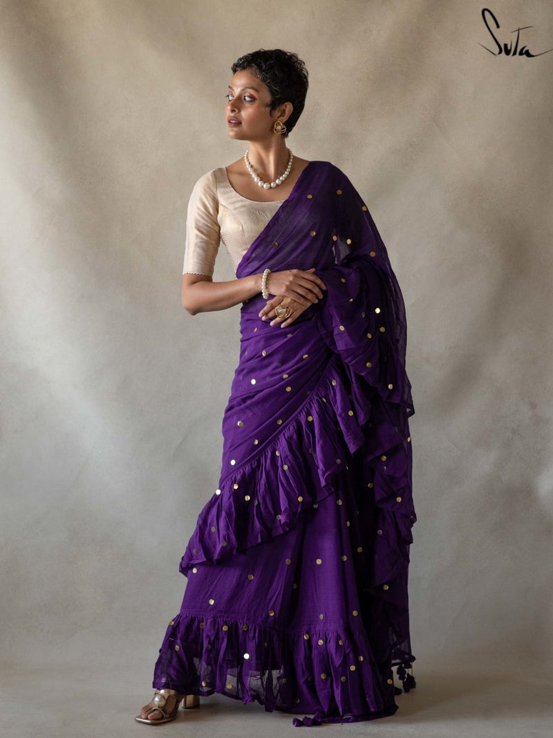 Purple Mulmul Cotton Ruffle Saree|Macarons For Lunch|Suta