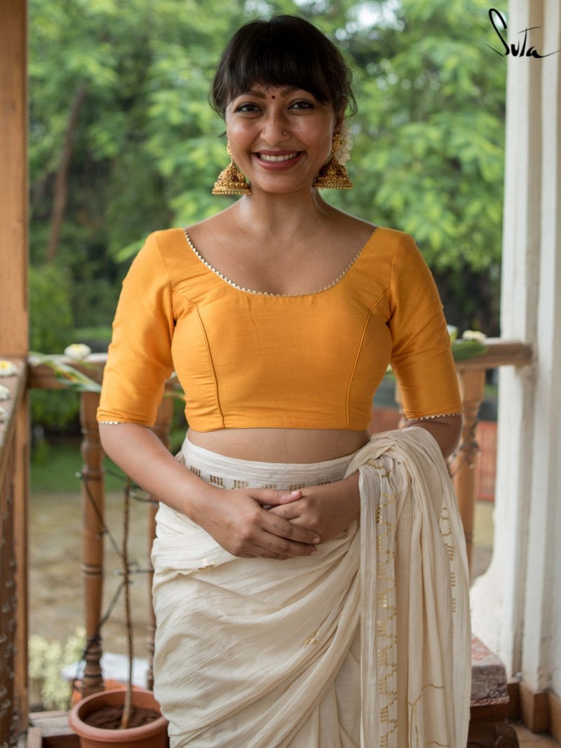 Mustard Color Art Silk U Neck Padded Blouse|Malliga|Suta