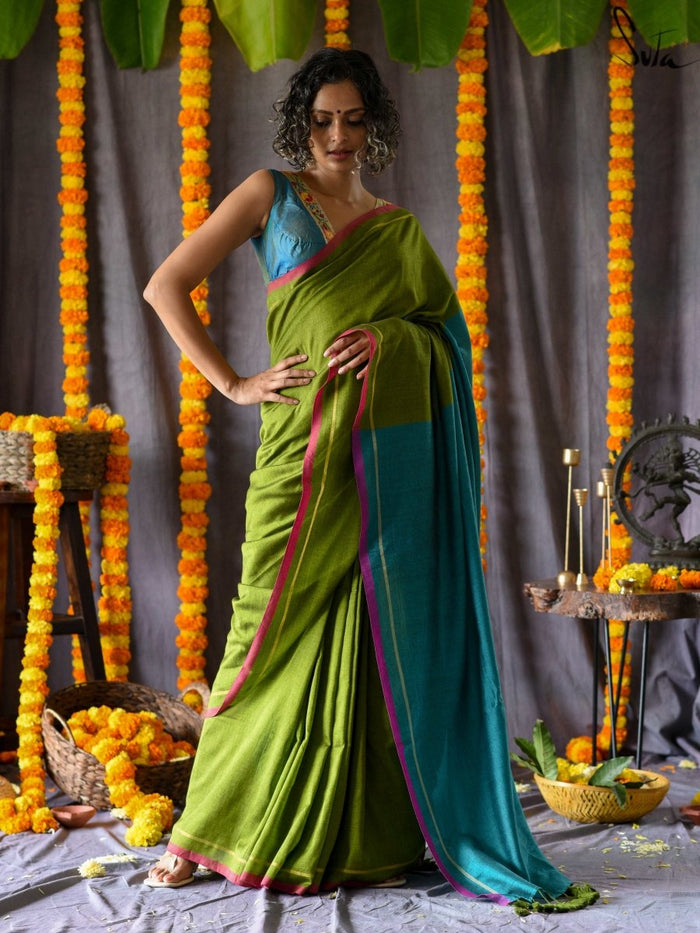 Zari And Cotton Saree In Green And Blue|Meethi Mirchi|Suta