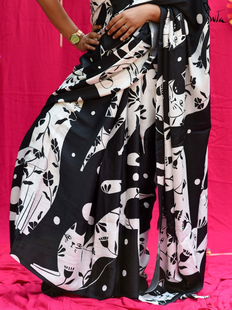 Unique Fancy Designer Printed Black Saree|Meow Wow|Suta
