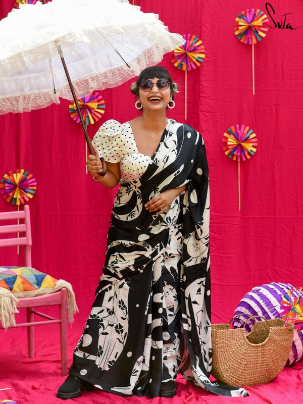 Unique Fancy Designer Printed Black Saree|Meow Wow|Suta