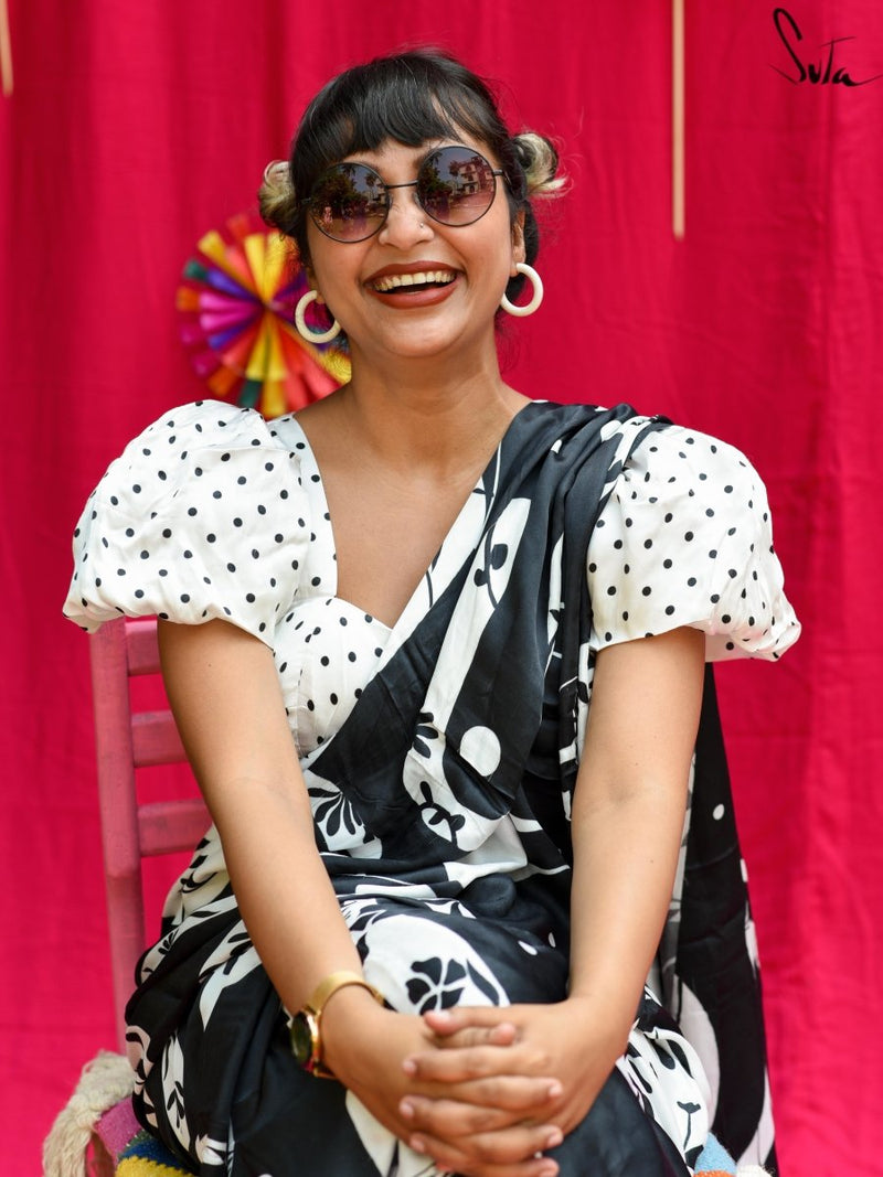 Unique Fancy Designer Printed Black Saree|Meow Wow|Suta