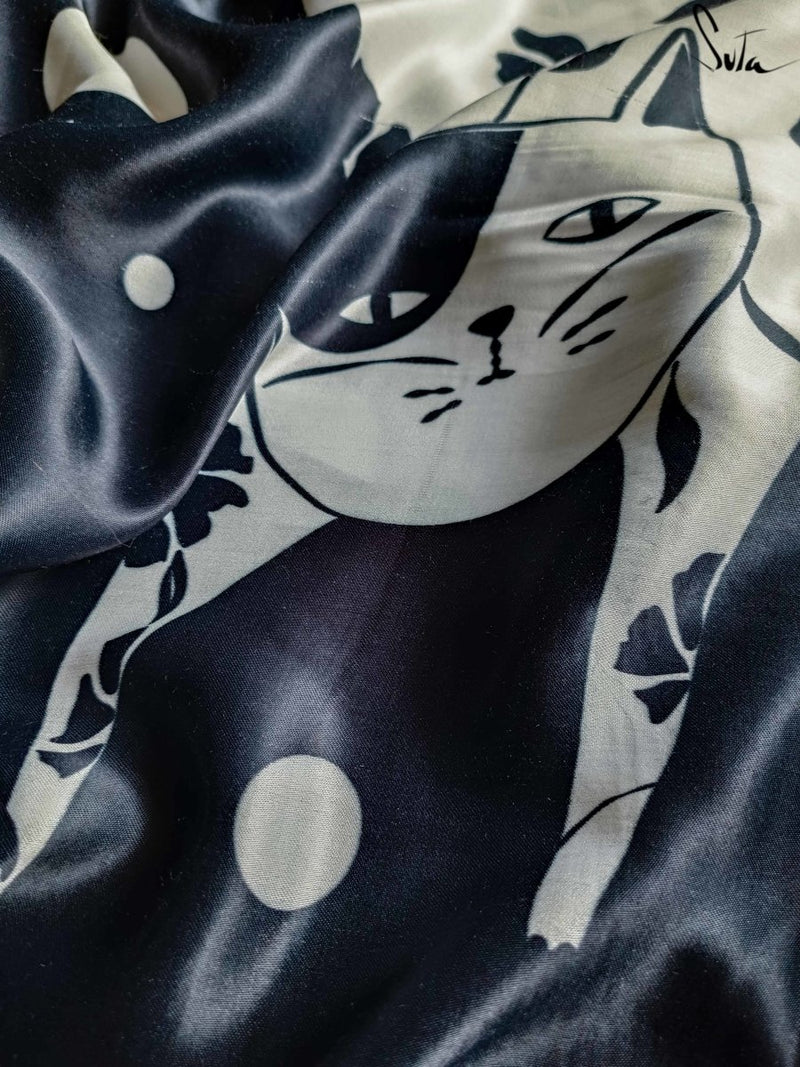 Unique Fancy Designer Printed Black Saree|Meow Wow|Suta