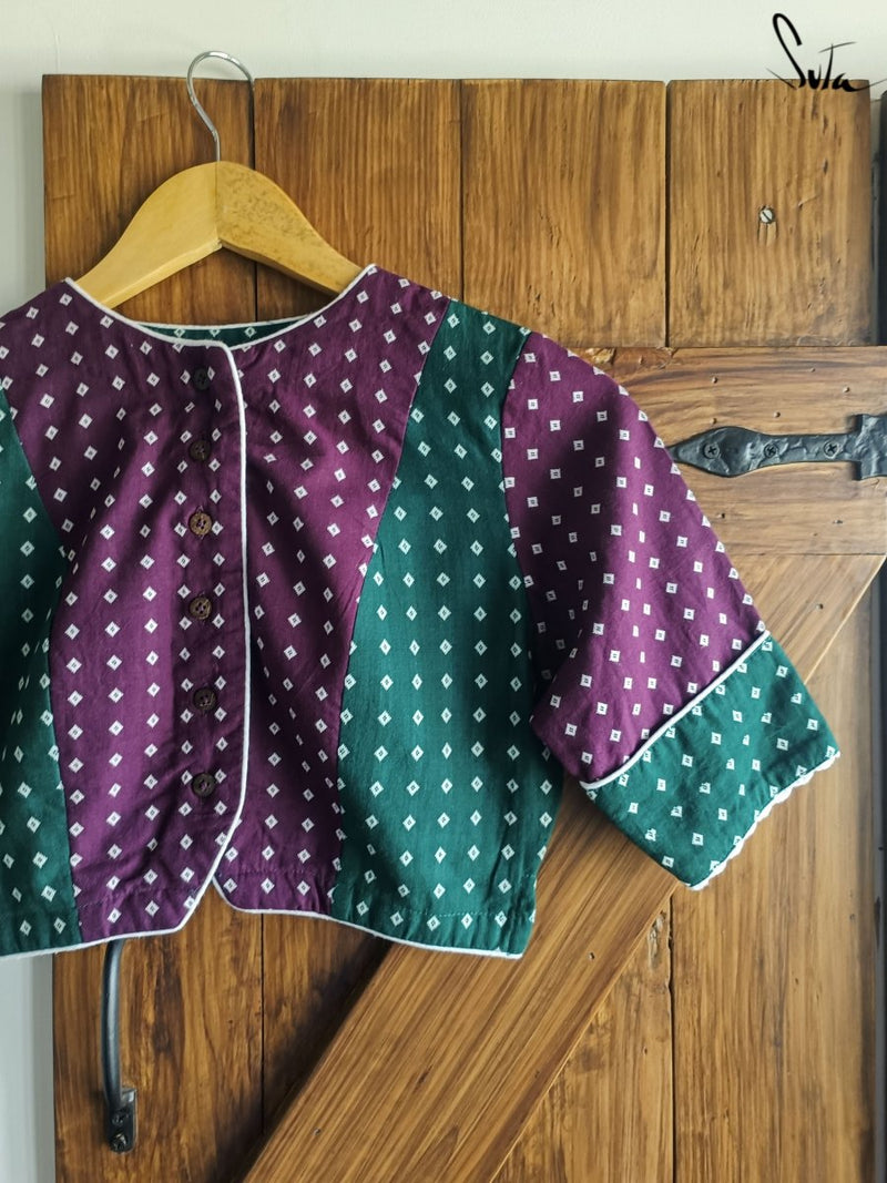 Purple and Green Cotton Round Neck Blouse | Meri Manohar | Suta