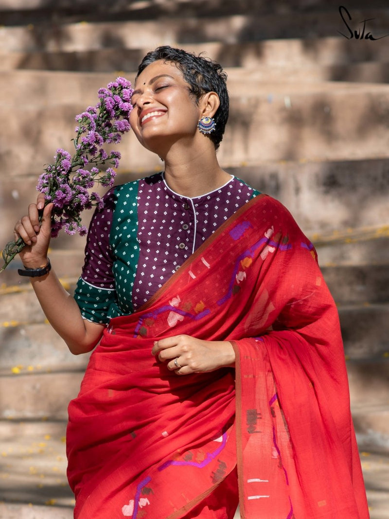 Purple and Green Cotton Round Neck Blouse | Meri Manohar | Suta