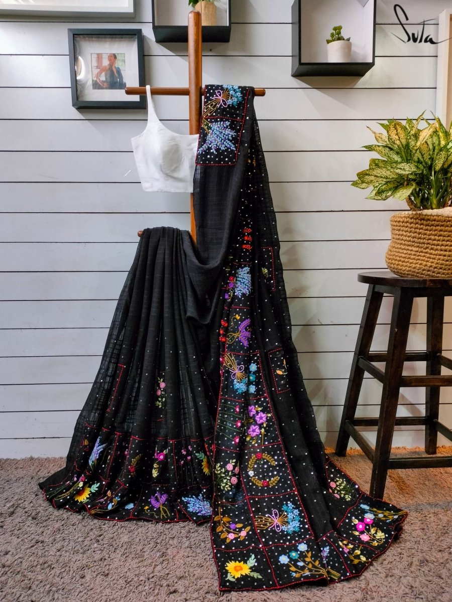 Floral Design Cotton Sequin Black Saree|Ocean Oasis|Suta