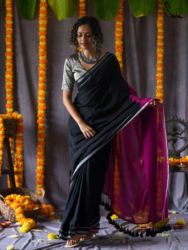 Cotton Black Saree With Silver Border|Phuljhadi Sitaare|Suta