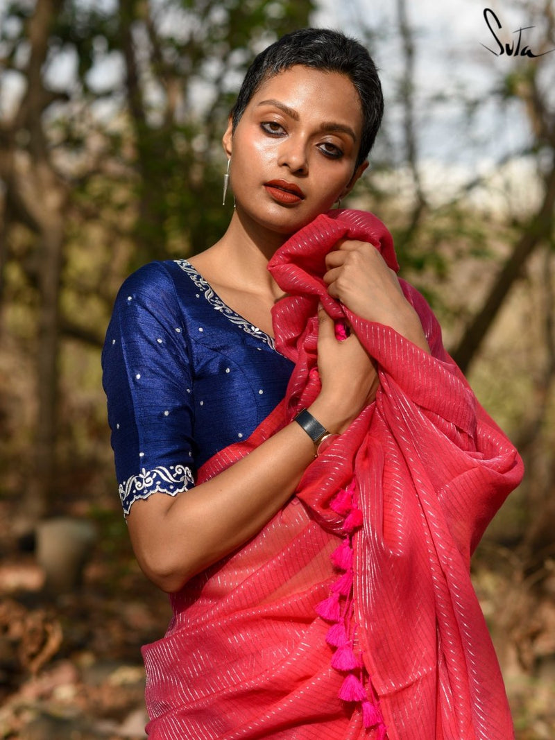Cotton Zari Work Pink Saree With Sequin|Playful Sitara|Suta