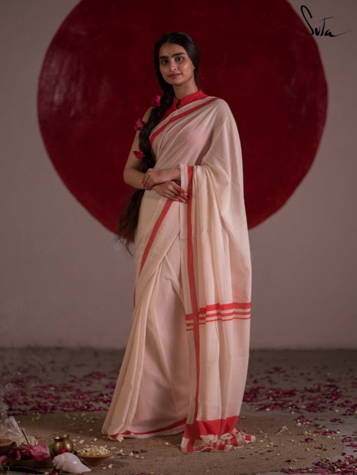 Laal Paar White Saree For Durga Pujo|Pujor Gondho Esheche|Suta