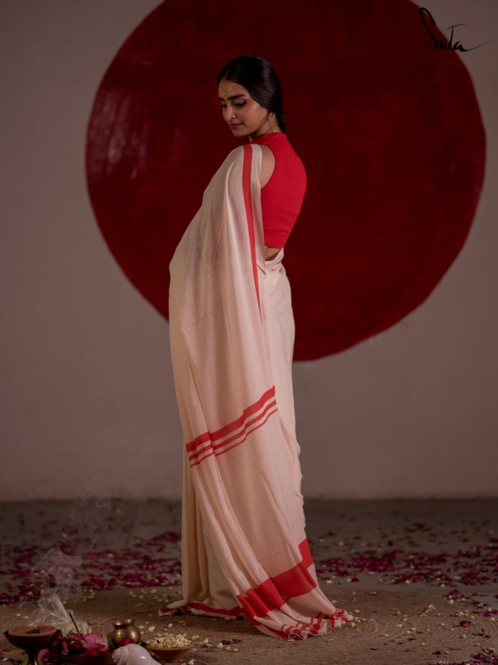 Laal Paar White Saree For Durga Pujo|Pujor Gondho Esheche|Suta