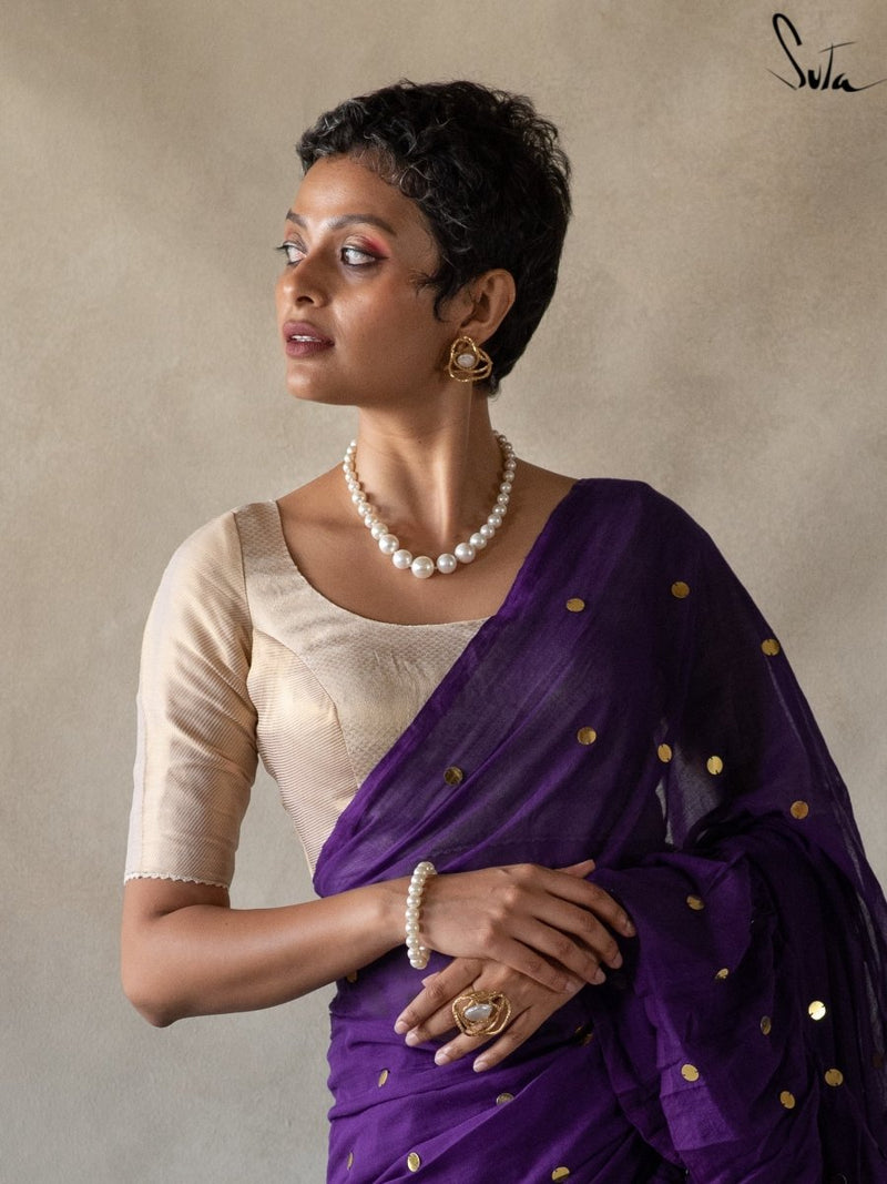 Golden Silk Half Sleeve U Neck Blouse|Queen Of Gems|Suta
