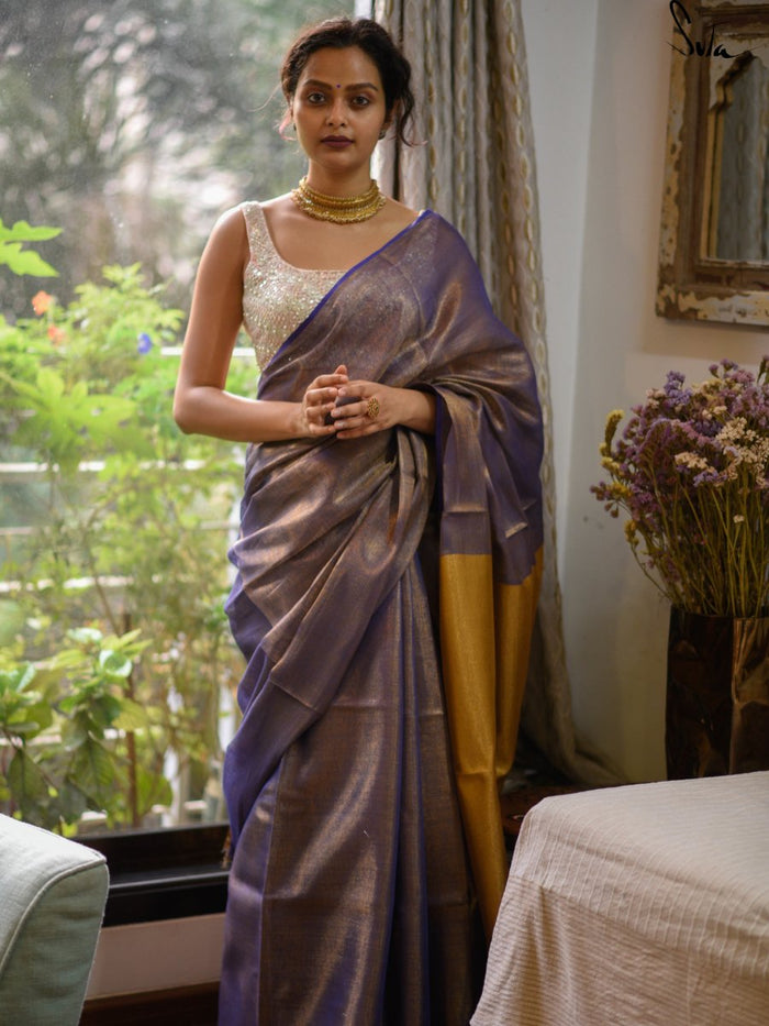 Grey And Purple Saree With Blouse Piece|Raga Megh Malhar|Suta