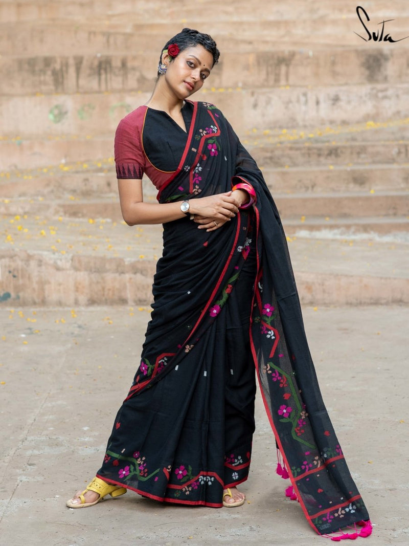 Handloom Cotton Jamdani Design Black Saree|Rahnuma Sakhi|Suta