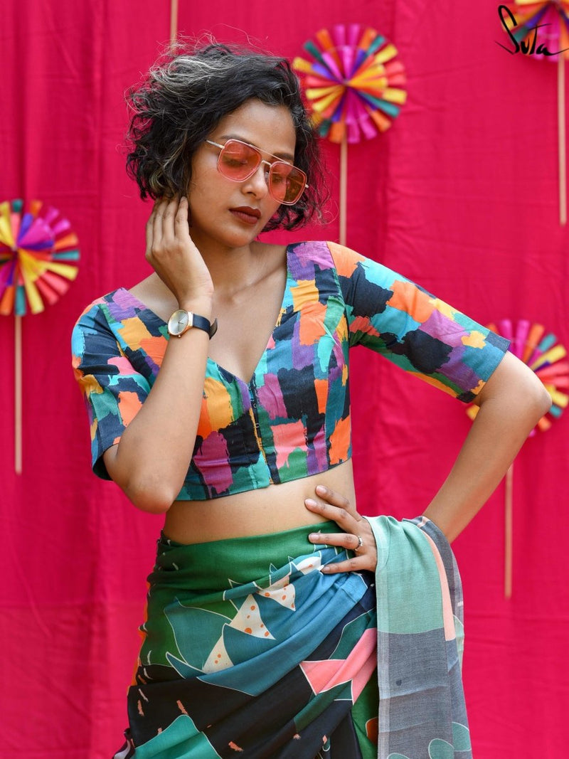 Half Sleeve Multicolour Blouse With V Neck|Rangoon|Suta