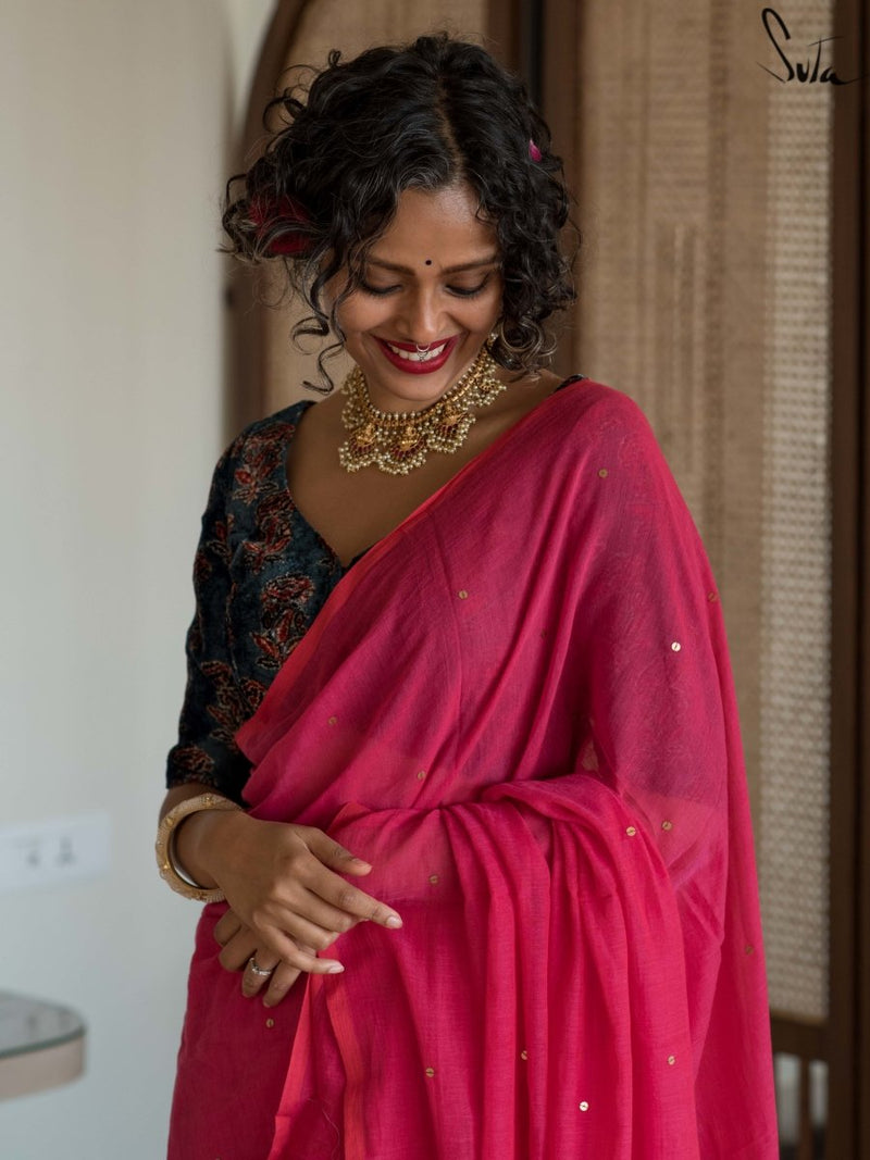 Mulmul Cotton Pink Sequin Saree|Raspberry Chumki|Suta