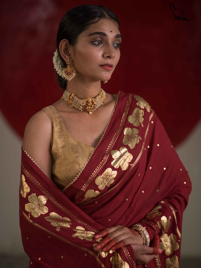 Mul Cotton Red Saree For Durga Puja|Rokto Joba|Suta