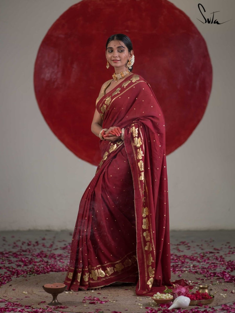 Mul Cotton Red Saree For Durga Puja|Rokto Joba|Suta